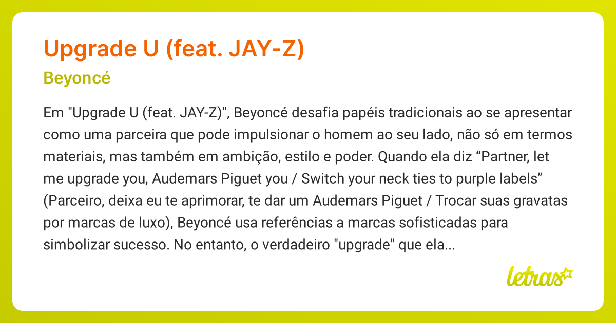 Significado da música UPGRADE U (FEAT. JAY-Z) (Beyoncé) - LETRAS.MUS.BR