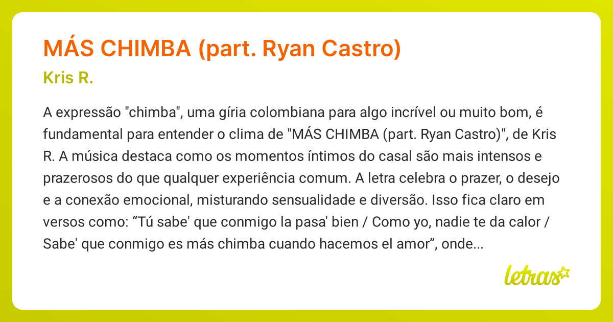 Significado da música MÁS CHIMBA (part. Ryan Castro) (Kris R.) - LETRAS ...