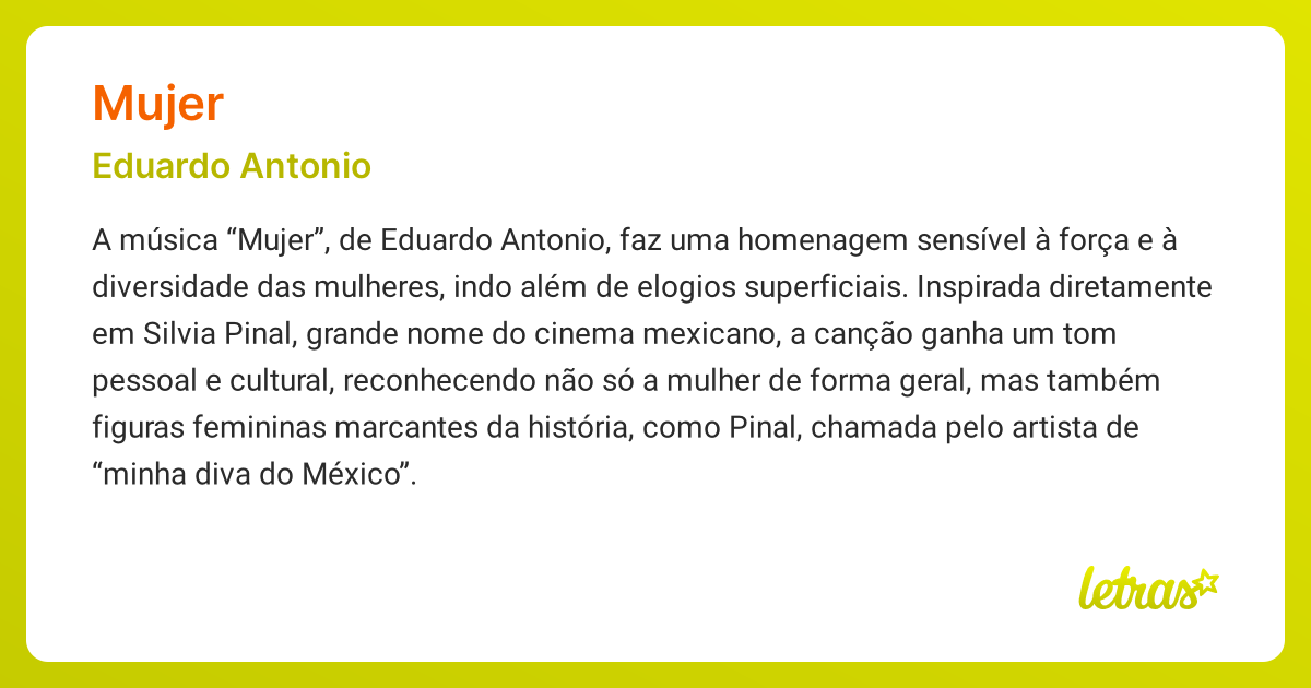 Significado da música MUJER (Eduardo Antonio) - LETRAS.MUS.BR