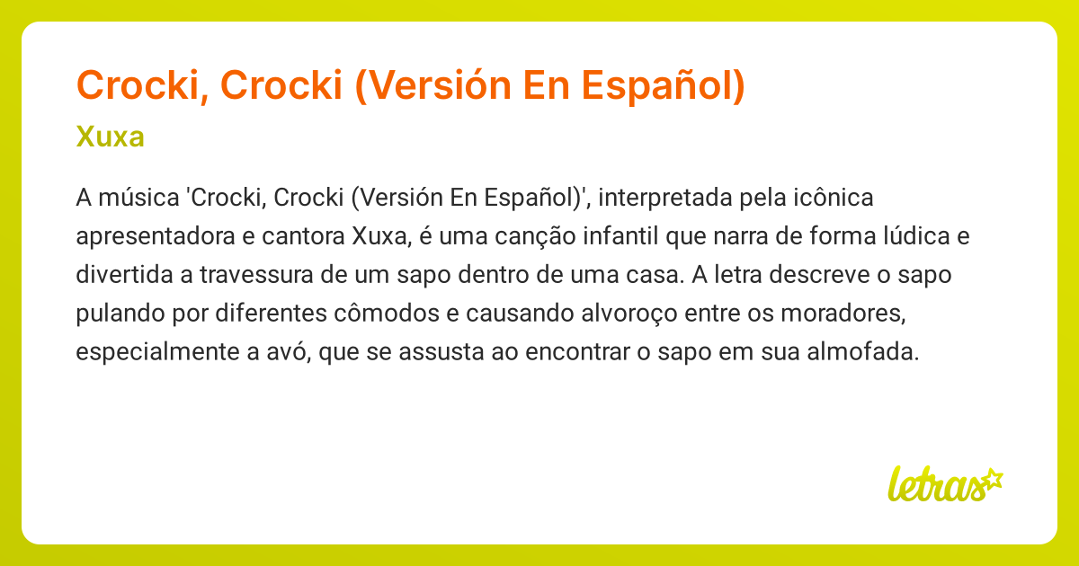 Significado da música Crocki, Crocki (Versión En Español) (Xuxa) - LETRAS.MUS.BR