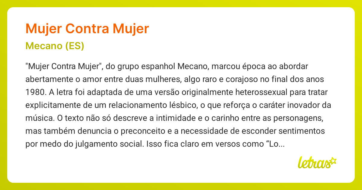 Significado da música MUJER CONTRA MUJER (Mecano (ES)) - LETRAS.MUS.BR