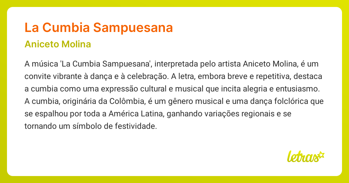 Significado da música LA CUMBIA SAMPUESANA (Aniceto Molina) - LETRAS.MUS.BR