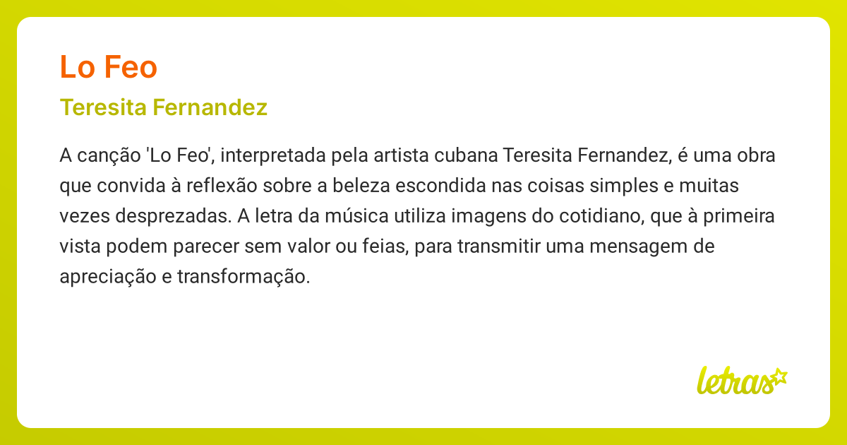 Significado da música LO FEO (Teresita Fernandez) - LETRAS.MUS.BR