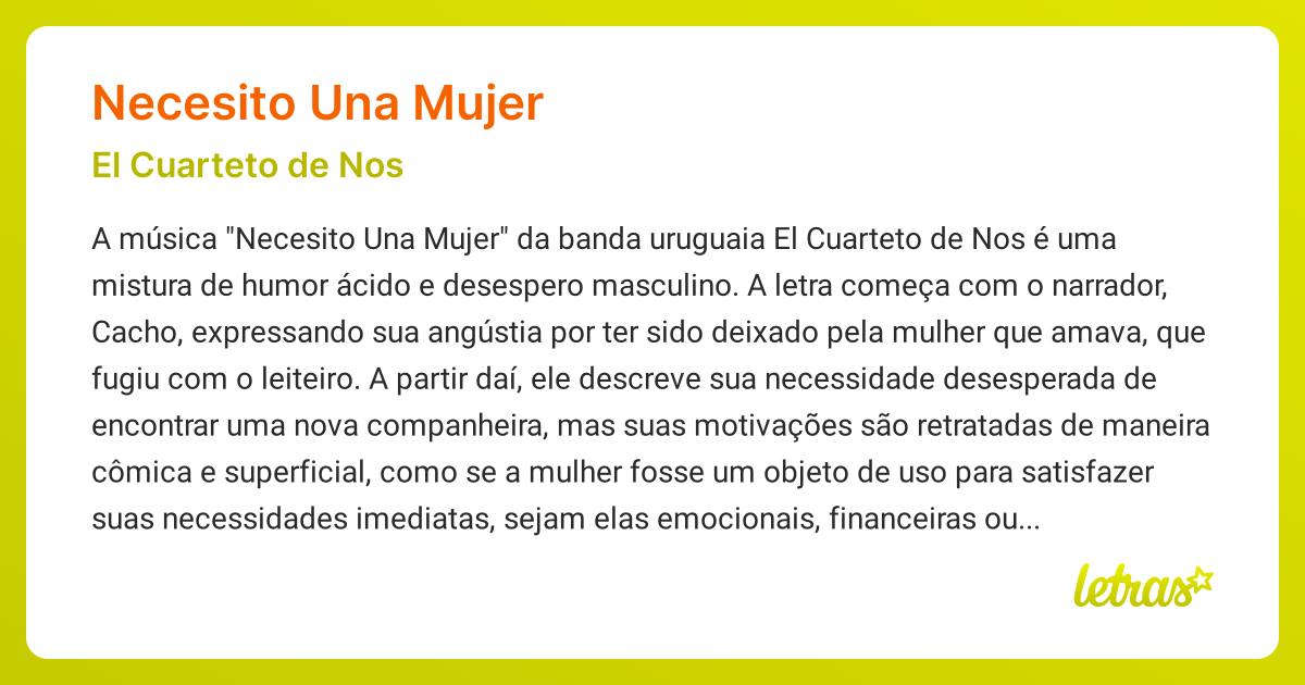 Significado da música NECESITO UNA MUJER (El Cuarteto de Nos) - LETRAS ...