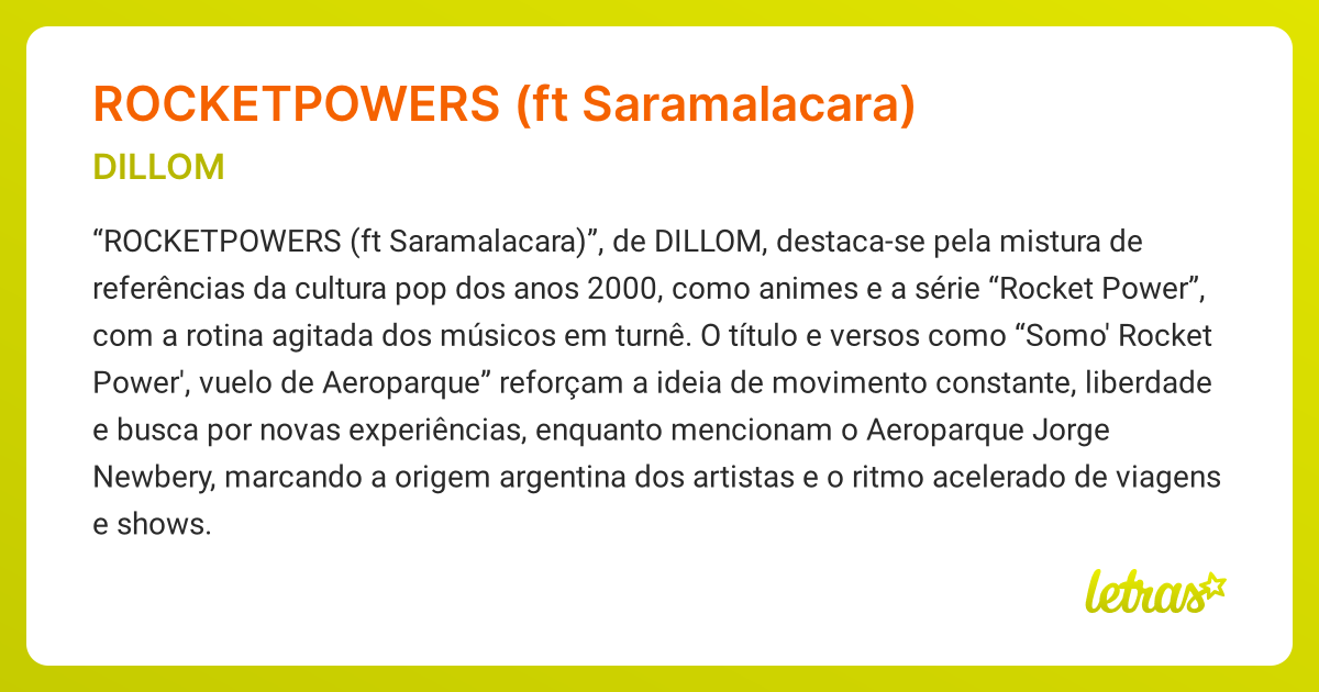 Significado da música ROCKETPOWERS (FT SARAMALACARA) (DILLOM) - LETRAS ...