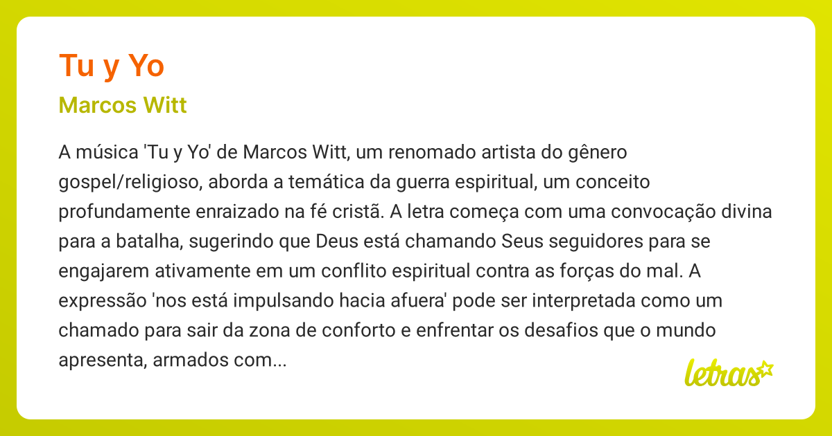 Significado da música TU Y YO (Marcos Witt) - LETRAS.MUS.BR