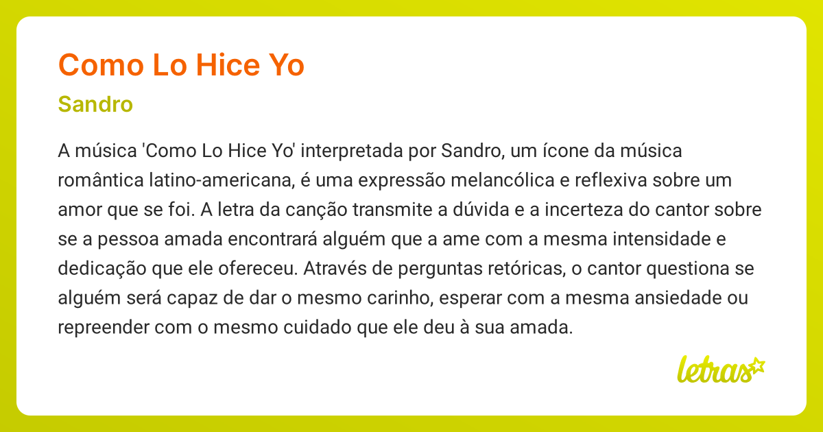 Significado da música COMO LO HICE YO (Sandro) - LETRAS.MUS.BR