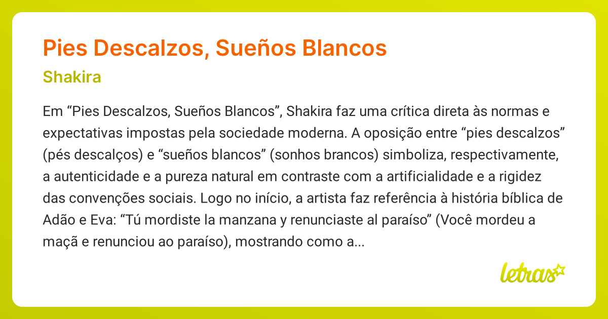 Significado da música Pies Descalzos, Sueños Blancos (Shakira) - LETRAS ...