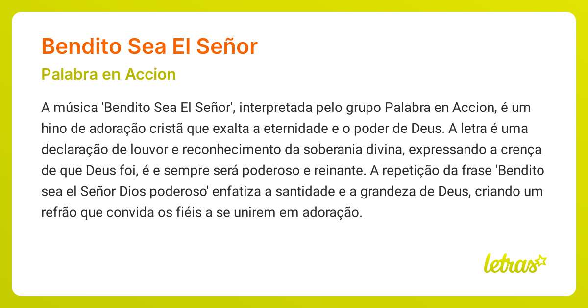 Significado da música BENDITO SEA EL SEÑOR (Palabra en Accion) - LETRAS ...