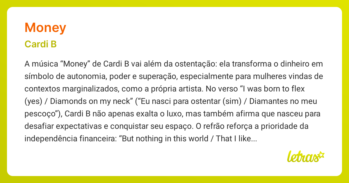 Significado da música MONEY (Cardi B) - LETRAS.MUS.BR