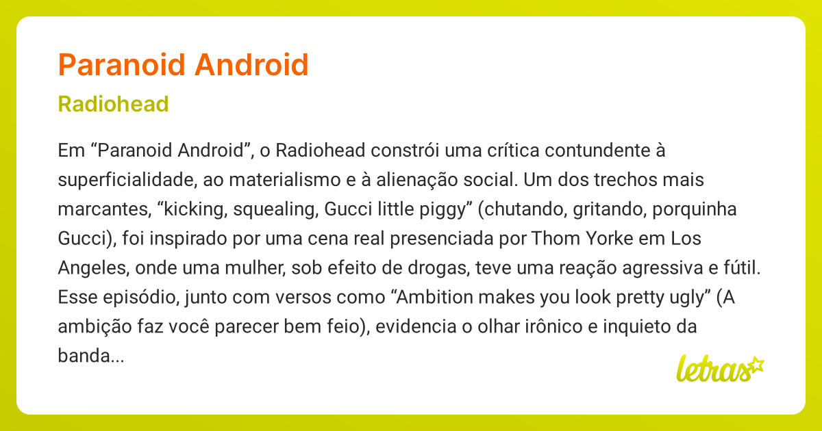 Significado da música PARANOID ANDROID (Radiohead) - LETRAS.MUS.BR