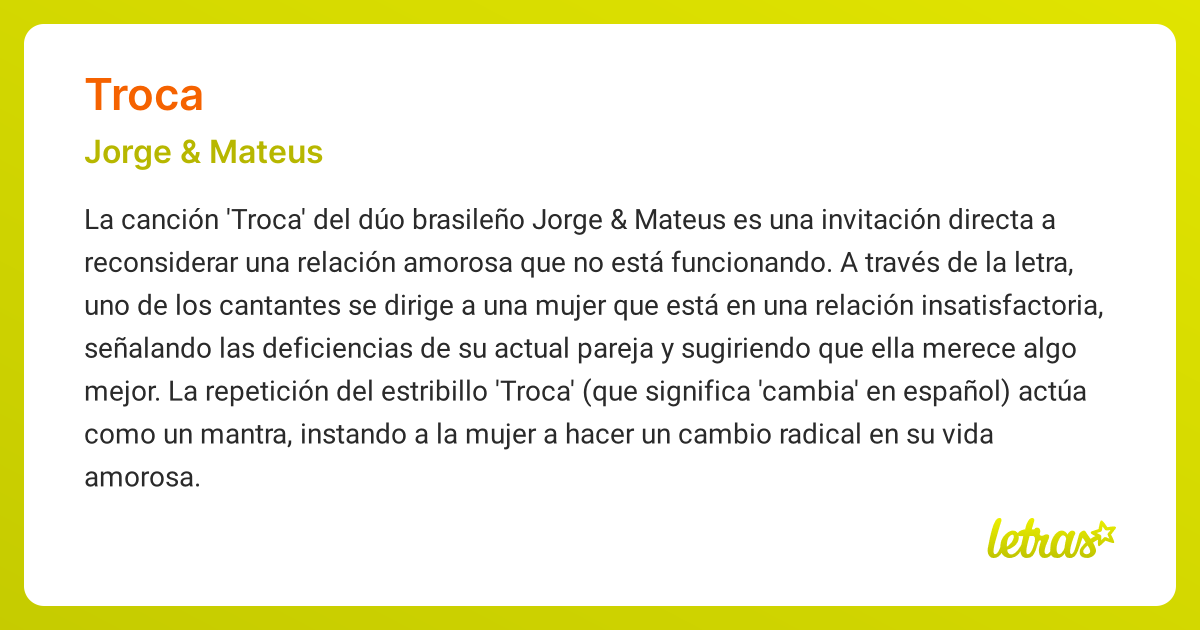 Significado de la canción TROCA (Jorge & Mateus) - LETRAS.COM