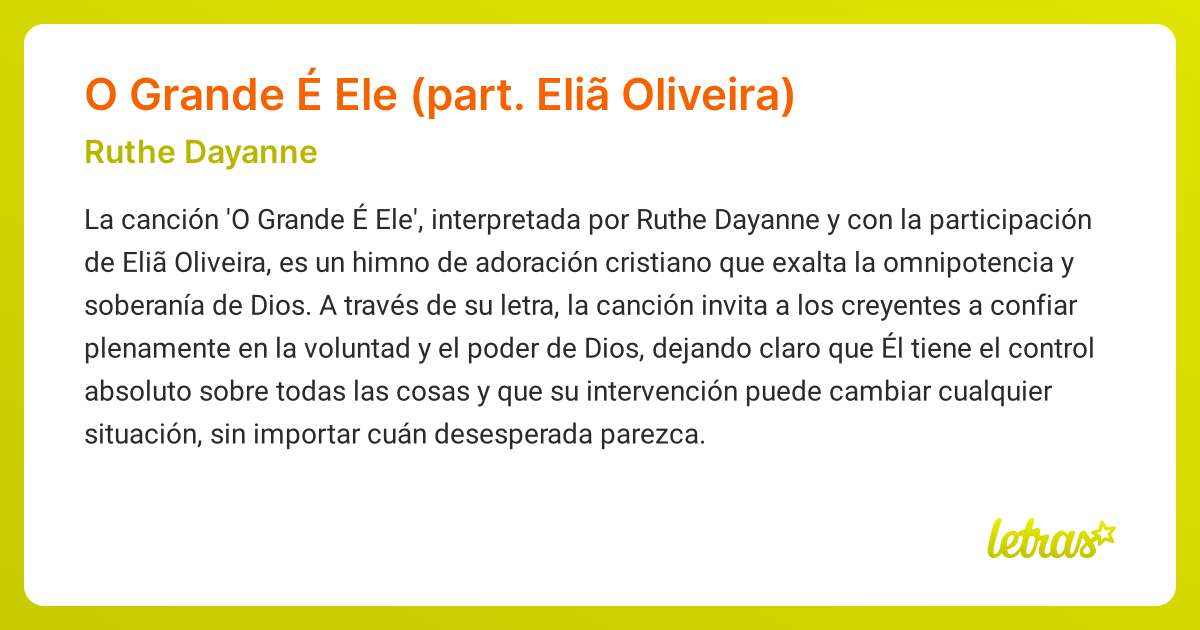 Significado de la canción O Grande É Ele (part. Eliã Oliveira) (Ruthe ...