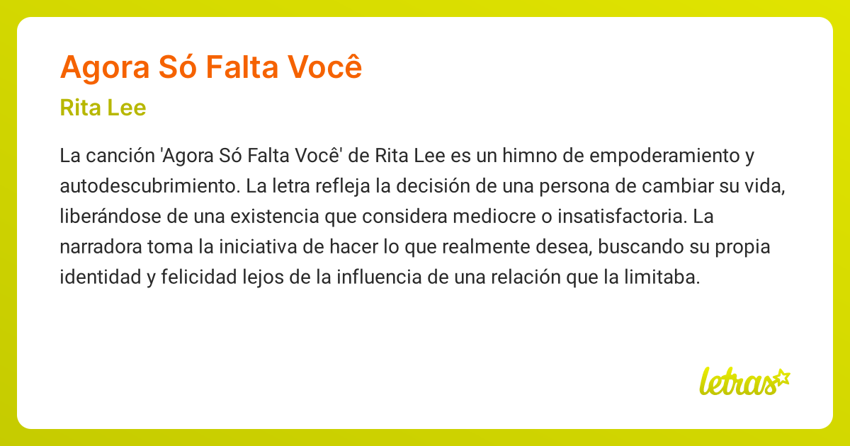 Significado de la canción AGORA SÓ FALTA VOCÊ (Rita Lee) - LETRAS.COM