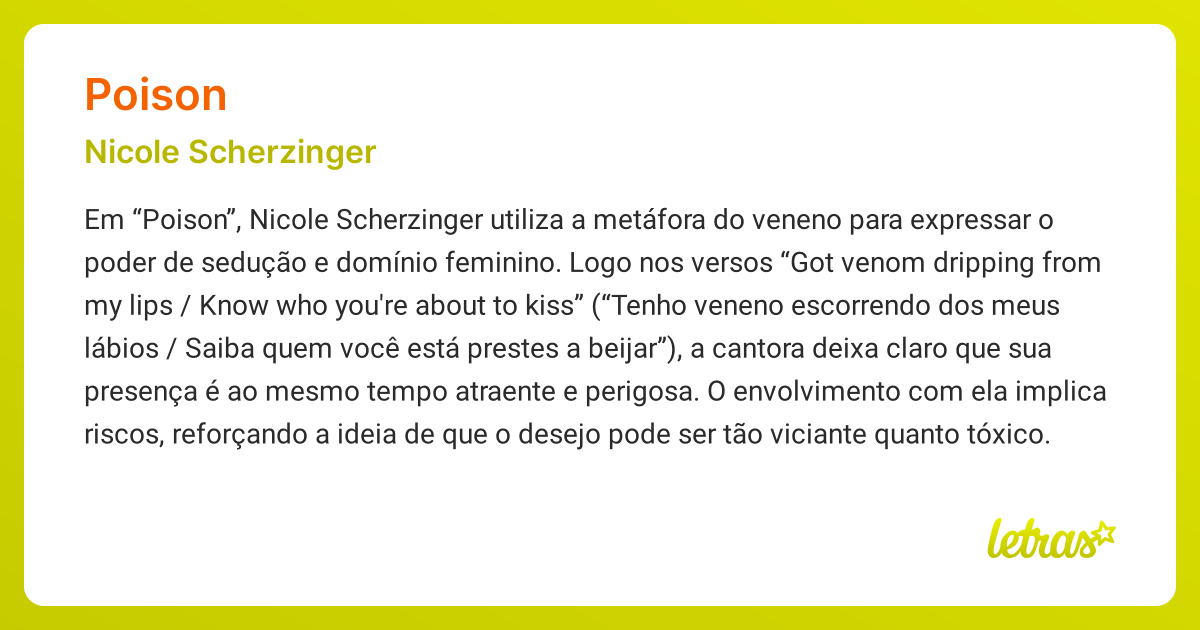 Significado da música POISON (Nicole Scherzinger) - LETRAS.MUS.BR