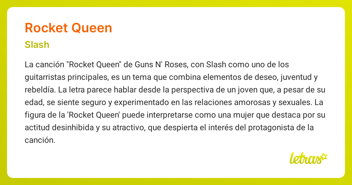 Significado de la canción ROCKET QUEEN (Slash) - LETRAS.COM