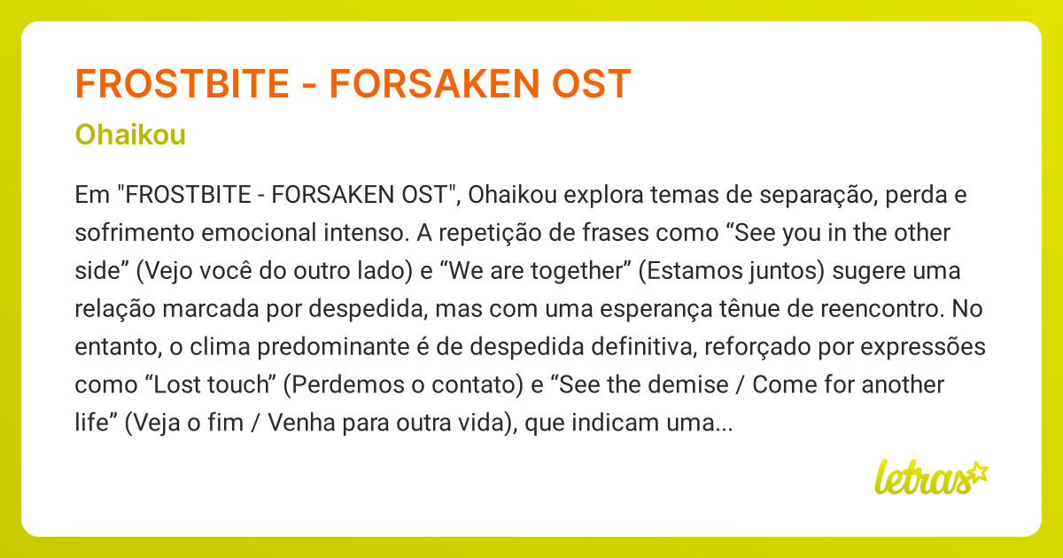 Significado da música FROSTBITE - FORSAKEN OST (Ohaikou) - LETRAS.MUS.BR