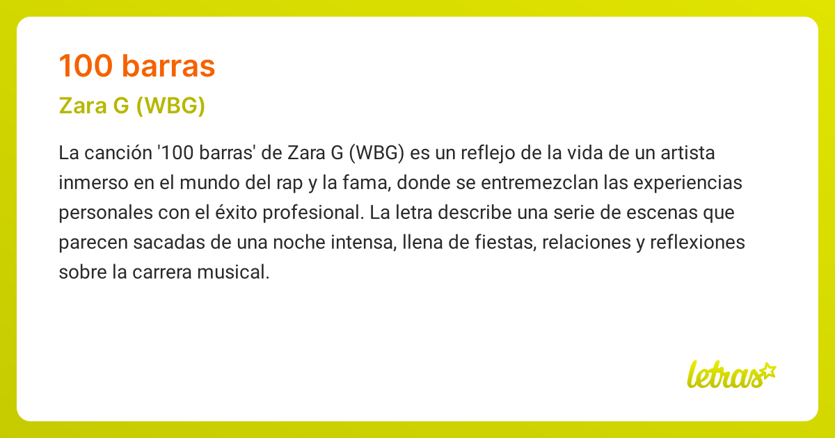 Significado de la canción 100 BARRAS (Zara G (WBG)) - LETRAS.COM