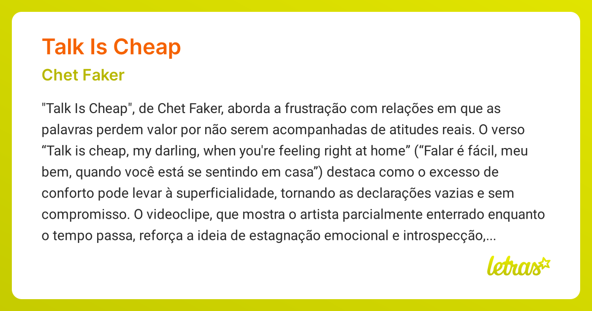 Significado da música TALK IS CHEAP (Chet Faker) - LETRAS.MUS.BR