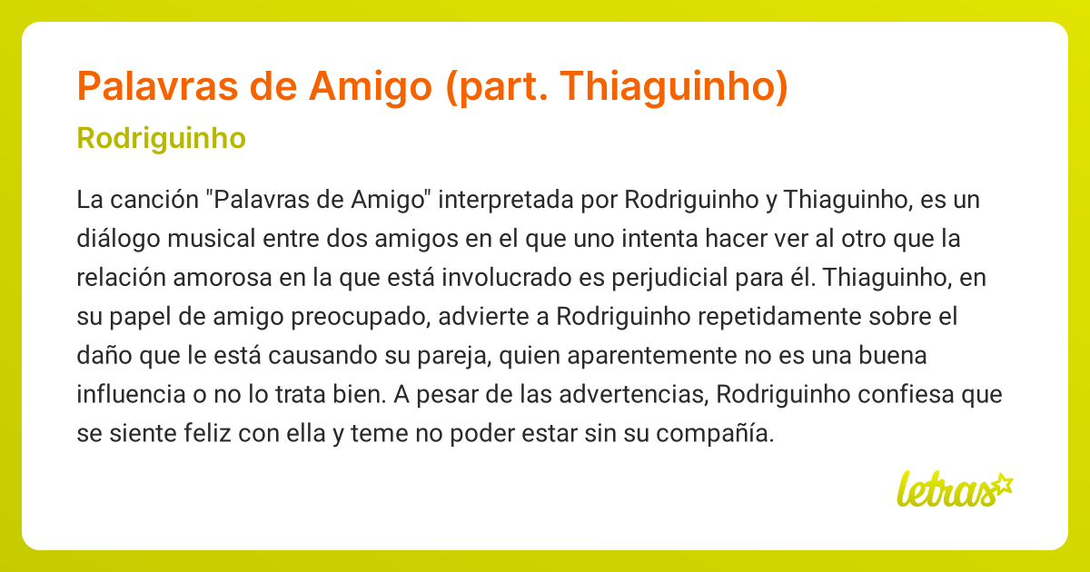 Significado de la canción Palavras de Amigo (part. Thiaguinho ...