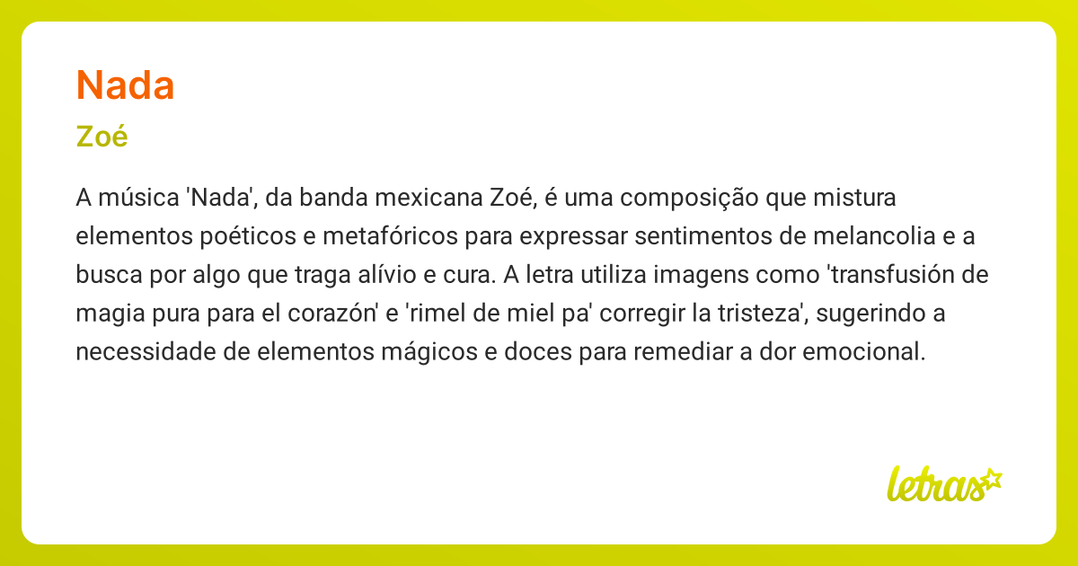 Significado da música NADA (Zoé) - LETRAS.MUS.BR