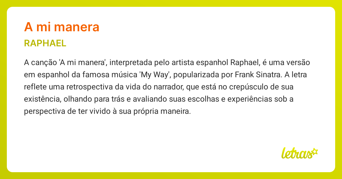 Significado da música A MI MANERA (RAPHAEL) - LETRAS.MUS.BR