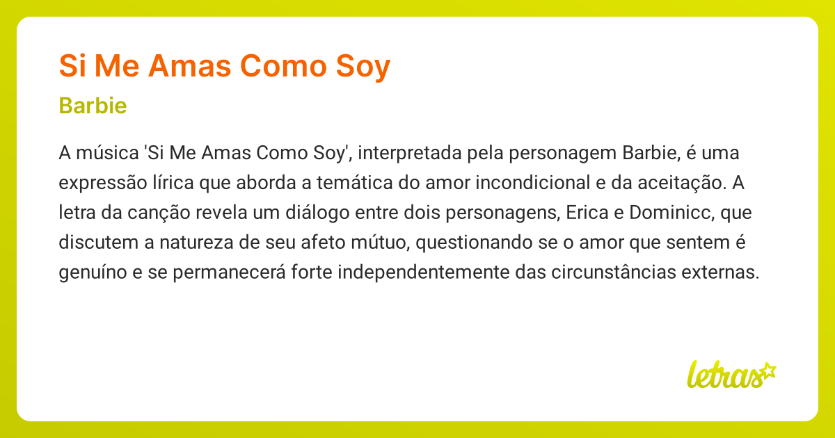 Significado da música SI ME AMAS COMO SOY (Barbie) - LETRAS.MUS.BR