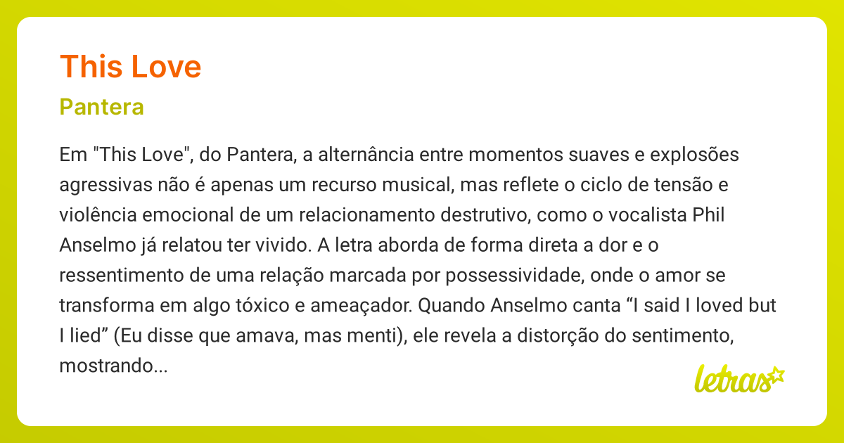 Significado da música THIS LOVE (Pantera) - LETRAS.MUS.BR