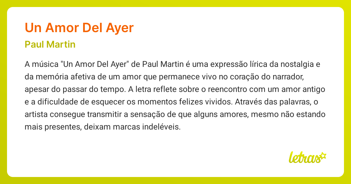 Significado da música UN AMOR DEL AYER (Paul Martin) - LETRAS.MUS.BR