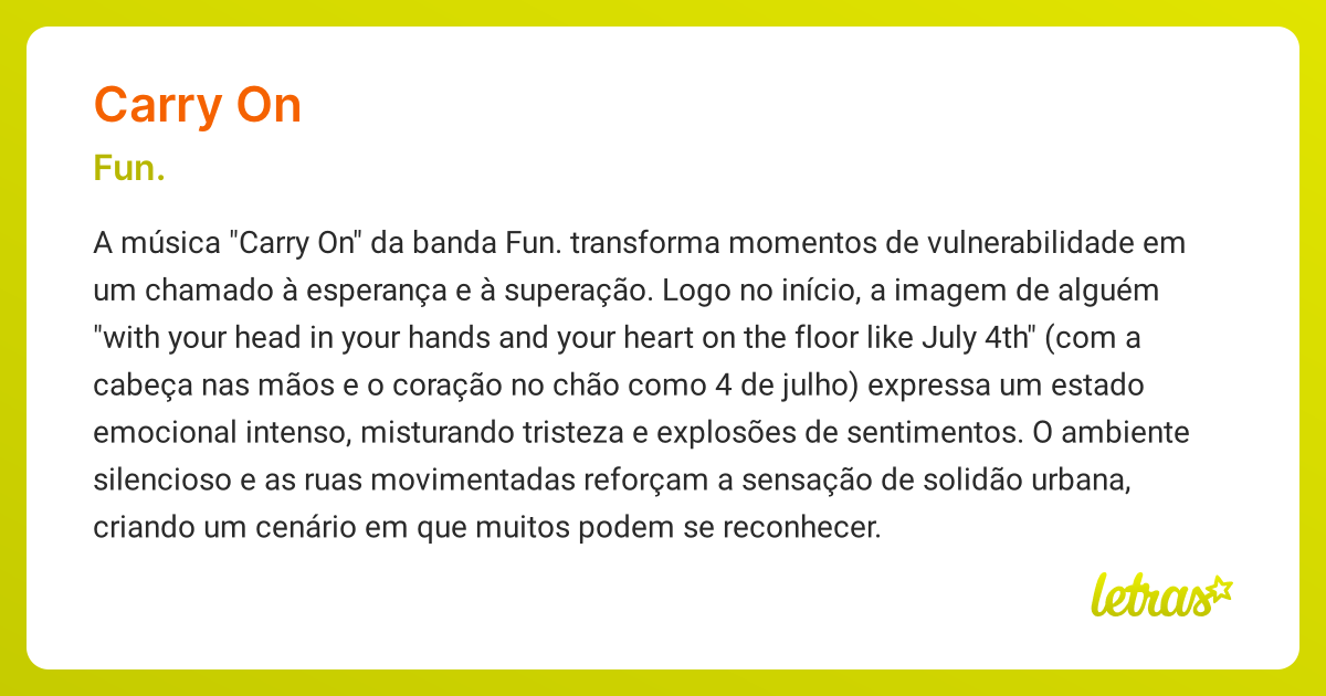 Significado da música CARRY ON (Fun.) - LETRAS.MUS.BR