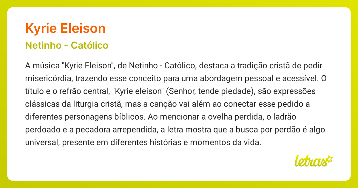 Significado da música KYRIE ELEISON (Netinho - Católico) - LETRAS.MUS.BR