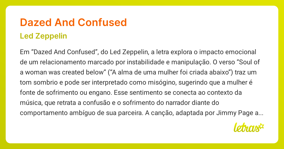 Significado da música DAZED AND CONFUSED (Led Zeppelin) - LETRAS.MUS.BR