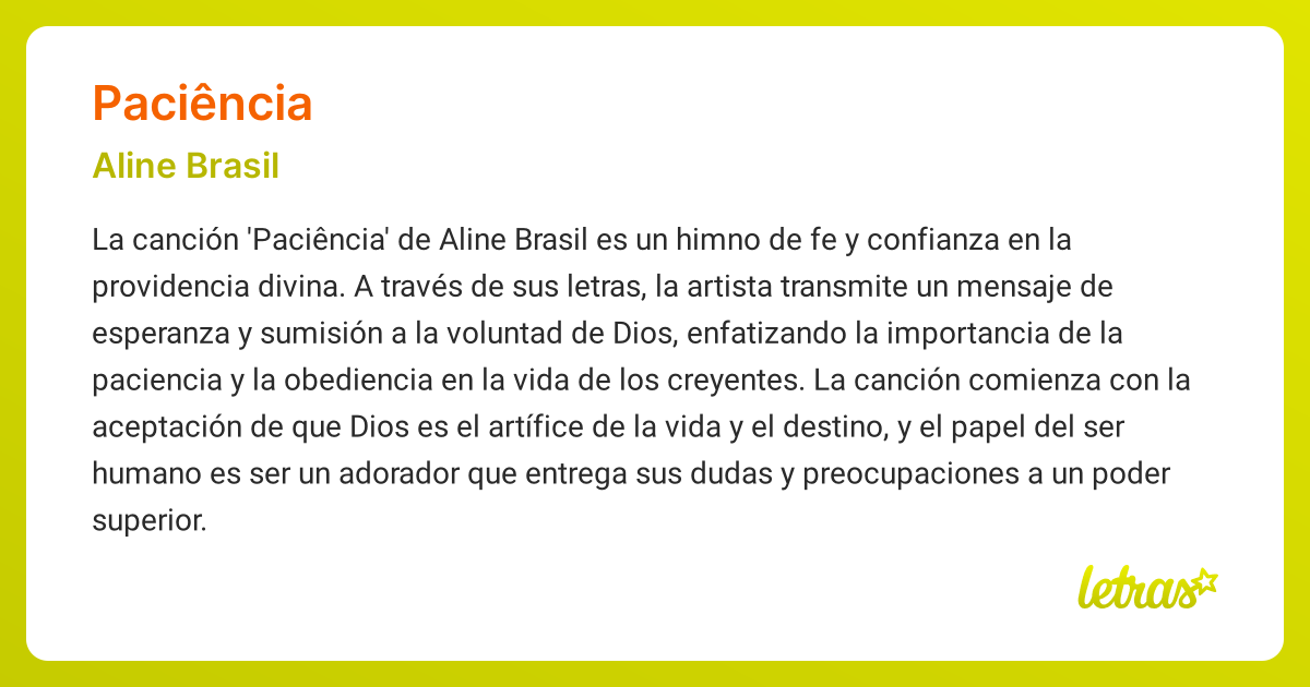 Significado de la canción PACIÊNCIA (Aline Brasil) - LETRAS.COM
