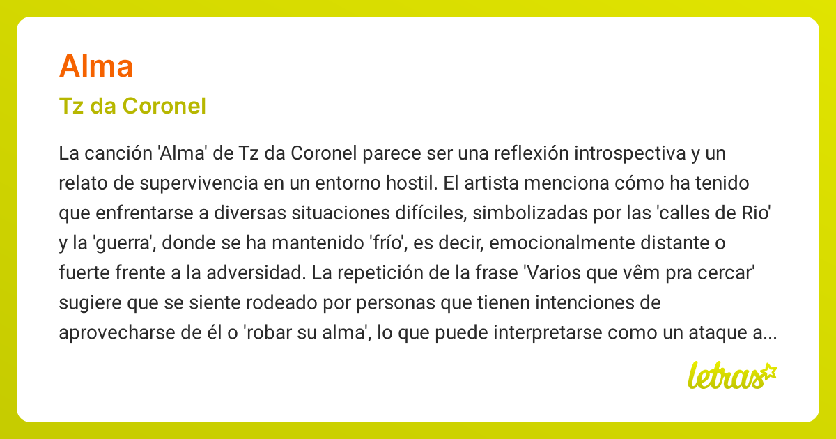 Significado de la canción ALMA (Tz da Coronel) - LETRAS.COM