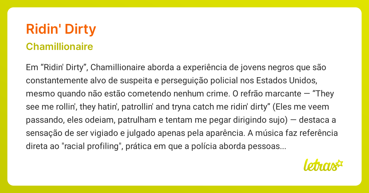Significado da música RIDIN' DIRTY (Chamillionaire) - LETRAS.MUS.BR