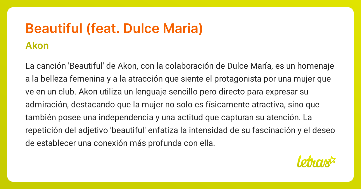 Significado de la canción BEAUTIFUL (FEAT. DULCE MARIA) (Akon) - LETRAS.COM