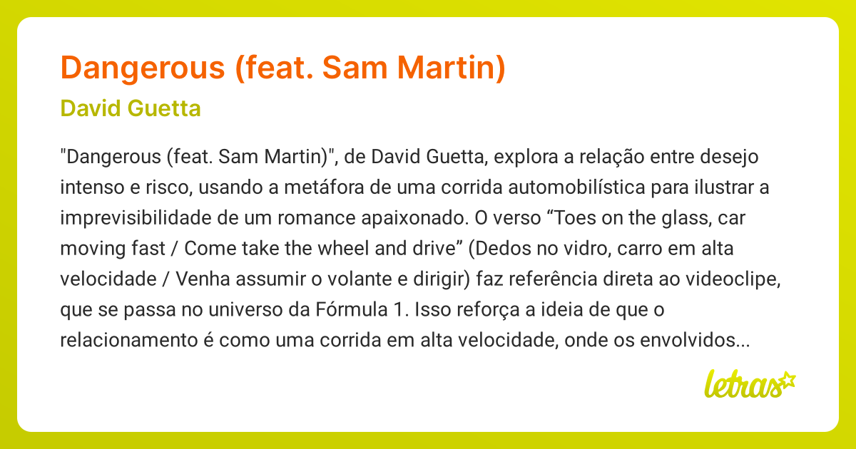 Significado da música DANGEROUS (FEAT. SAM MARTIN) (David Guetta) - LETRAS.MUS.BR