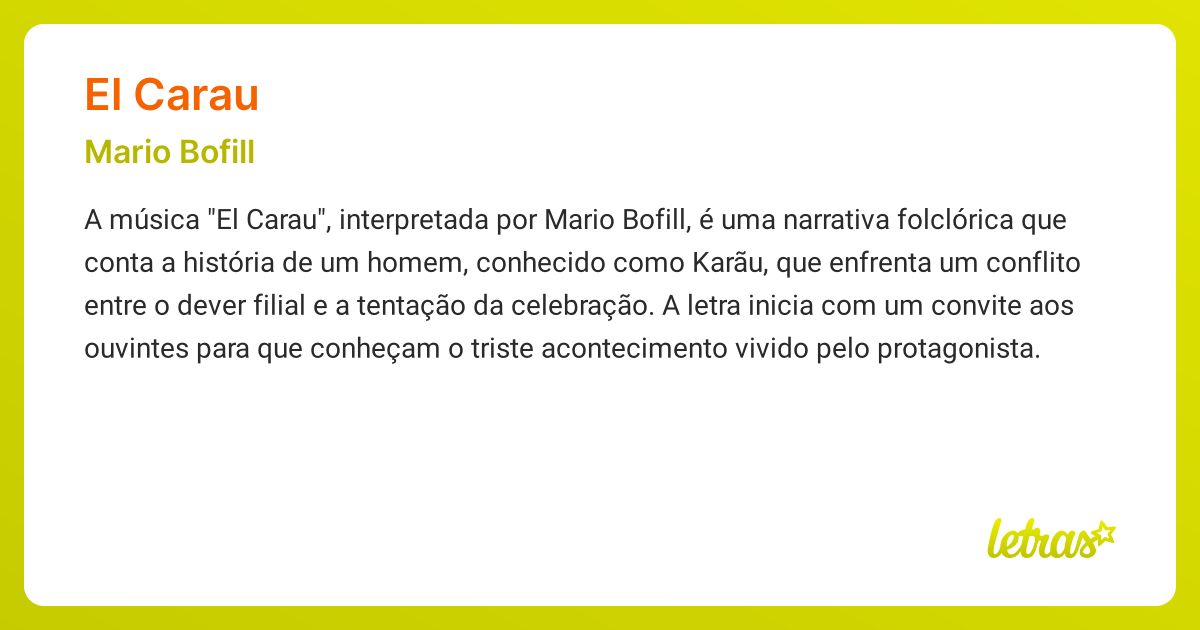 Significado da música EL CARAU (Mario Bofill) - LETRAS.MUS.BR