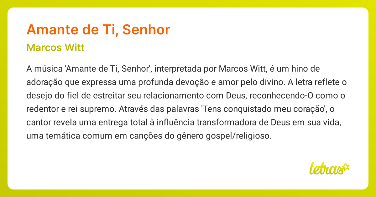 Significado da música AMANTE DE TI, SENHOR (Marcos Witt) - LETRAS.MUS.BR