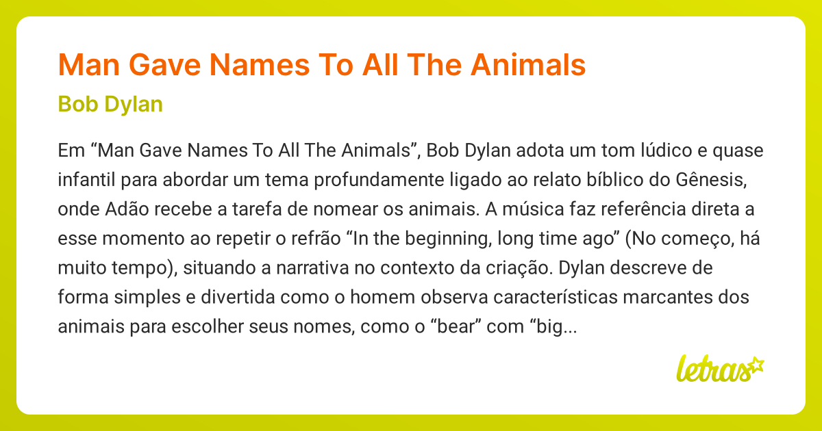 Significado da música Man Gave Names To All The Animals (Bob Dylan ...