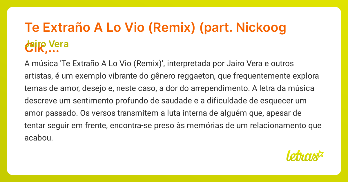 Significado da música Te Extraño A Lo Vio (Remix) (part. Nickoog Clk ...