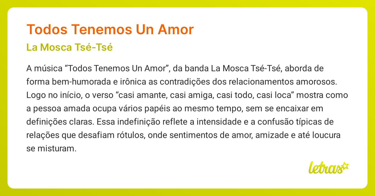 Significado da música TODOS TENEMOS UN AMOR (La Mosca Tsé-Tsé) - LETRAS ...
