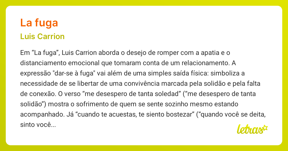 Significado da música LA FUGA (Luis Carrion) - LETRAS.MUS.BR