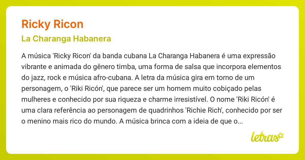 Significado da música RICKY RICON (La Charanga Habanera) - LETRAS.MUS.BR