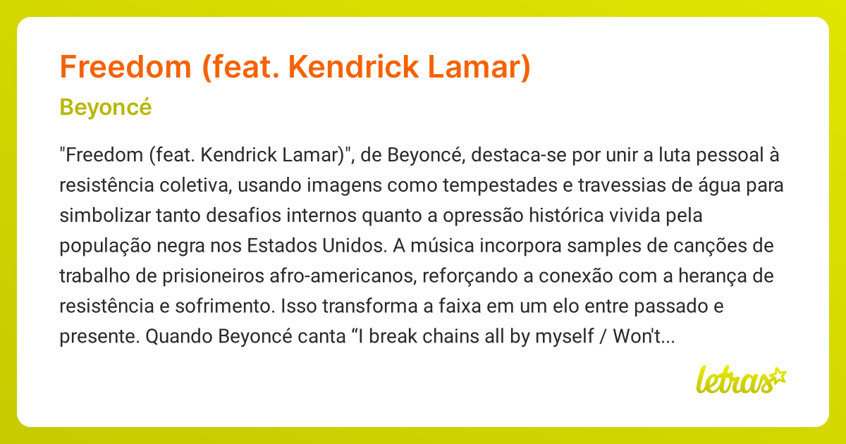 Significado da música FREEDOM (FEAT. KENDRICK LAMAR) (Beyoncé) - LETRAS ...