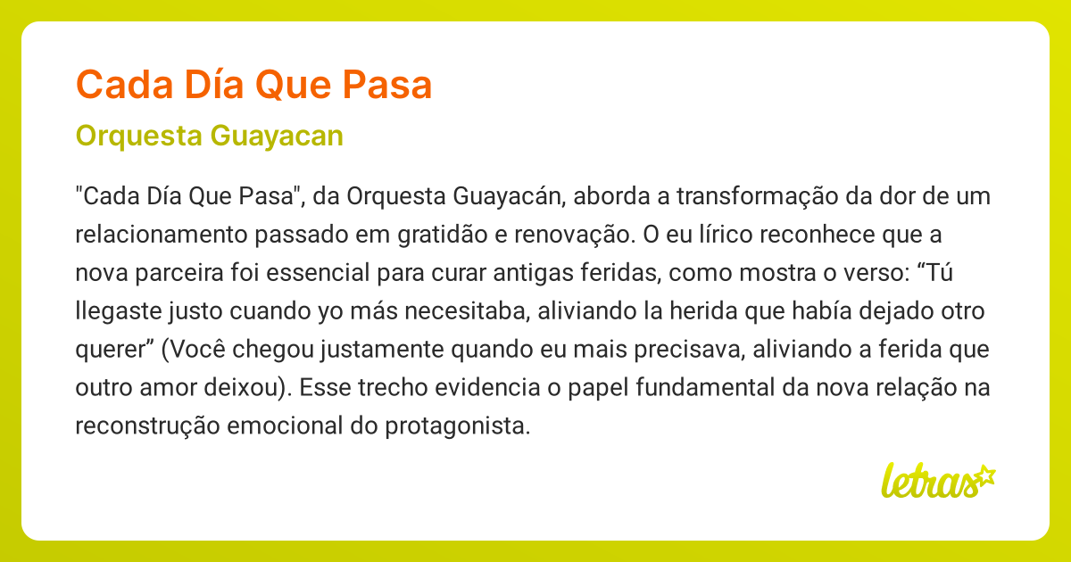 Significado da música CADA DÍA QUE PASA (Orquesta Guayacan) - LETRAS.MUS.BR