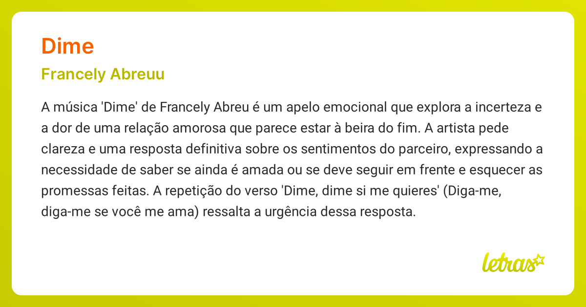 Significado da música DIME (Francely Abreuu) - LETRAS.MUS.BR