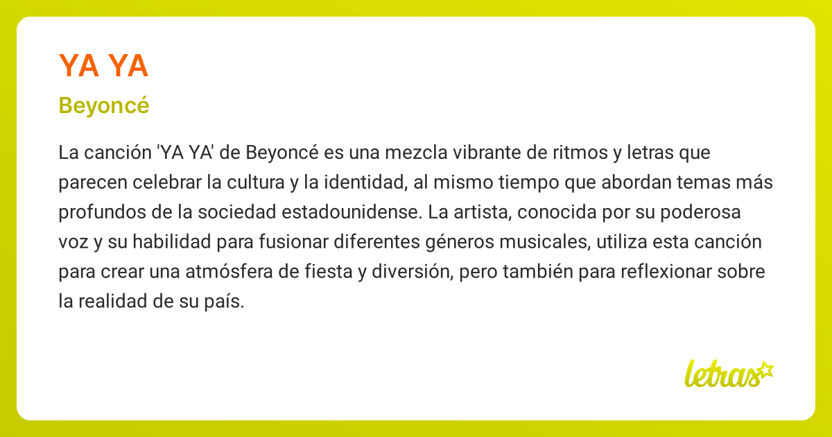 Significado de la canción YA YA (Beyoncé) - LETRAS.COM