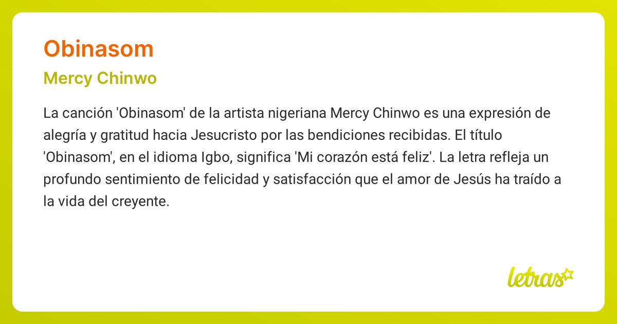 Significado de la canción OBINASOM (Mercy Chinwo) - LETRAS.COM