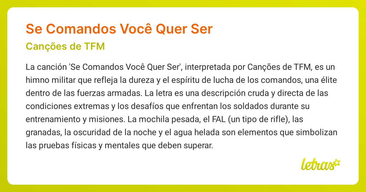 Significado de la canción SE COMANDOS VOCÊ QUER SER (Canções de TFM ...
